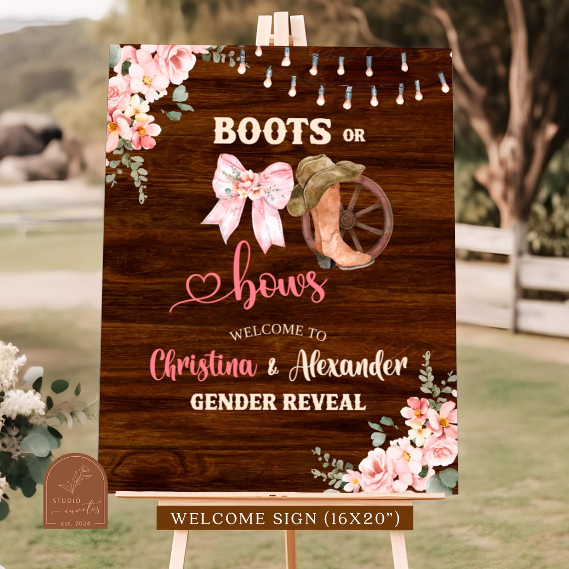 Rustic Wood Boots and Pink Bow Gender Reveal Welcome Sign, Floral ...