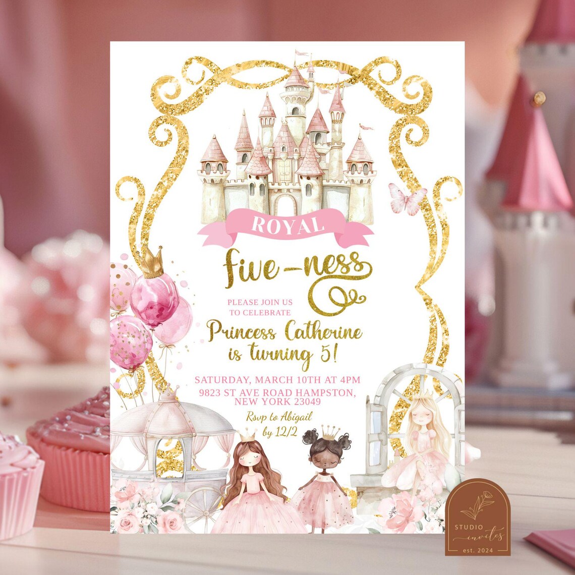 Royal Princess Fiveness 5th Birthday Invitation, Pink Floral Balloon ...