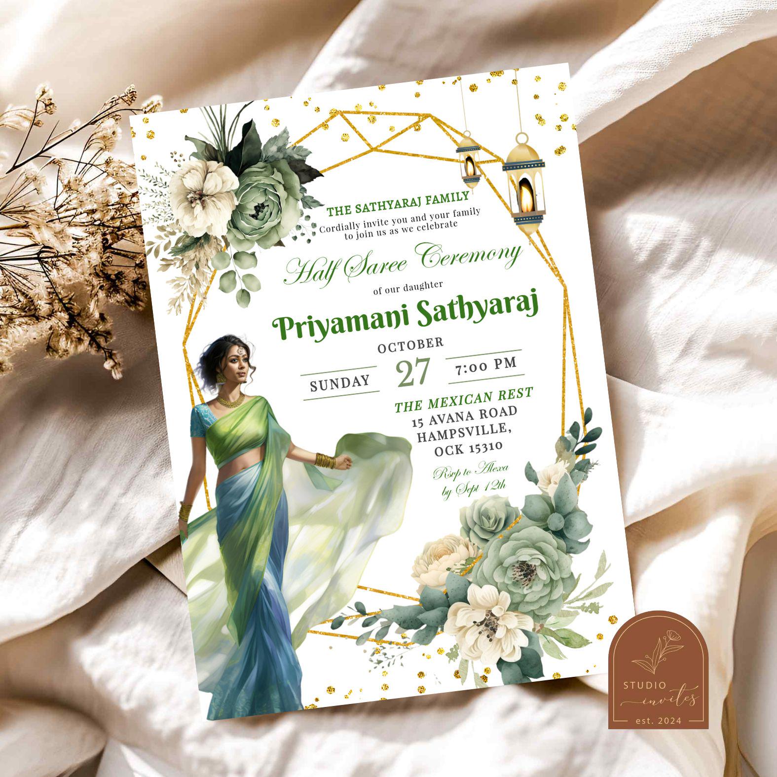 Sage Green Floral South India Half Saree Ceremony, Indian Girl Puberty ...