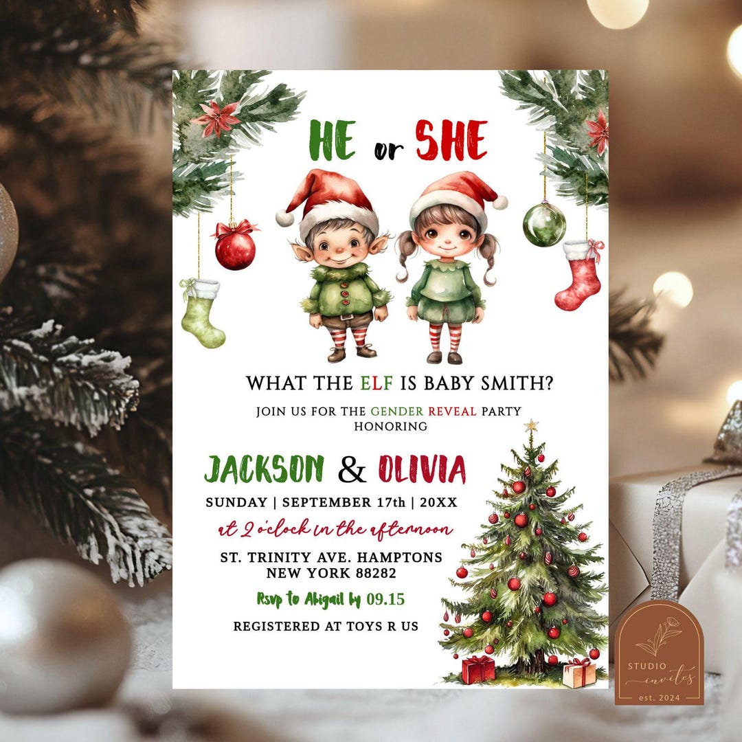 Christmas Elf Gender Reveal Invitation, What the Elf He or She Winter ...