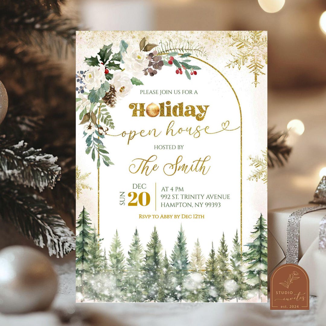 Winter Holiday Open House Christmas Party Invitation, Woodland Forest ...