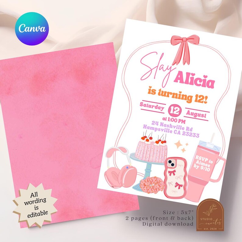Girl Slay Aesthetic Tween Party Invitation, Blush Pink Coquette Bow ...