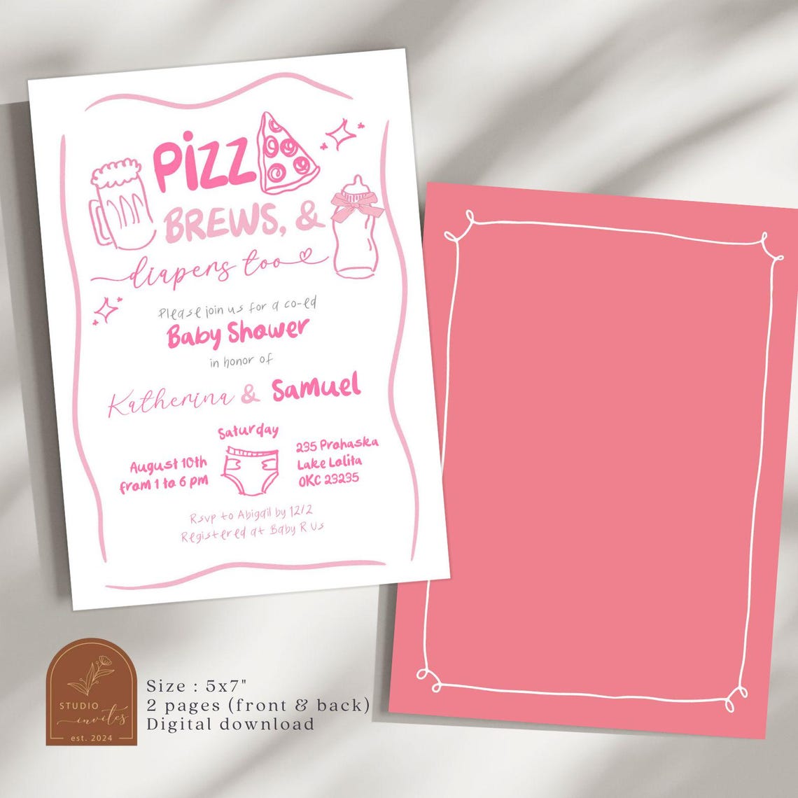 Pink Bow Pizza Brews and Diapers Too Co-ed Baby Shower Invitation, Hand ...