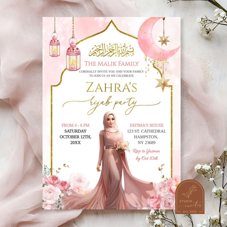 Blush Pink Floral Girl Hijab Invite, Umroh Muslim Hijab Party, Islamic ...