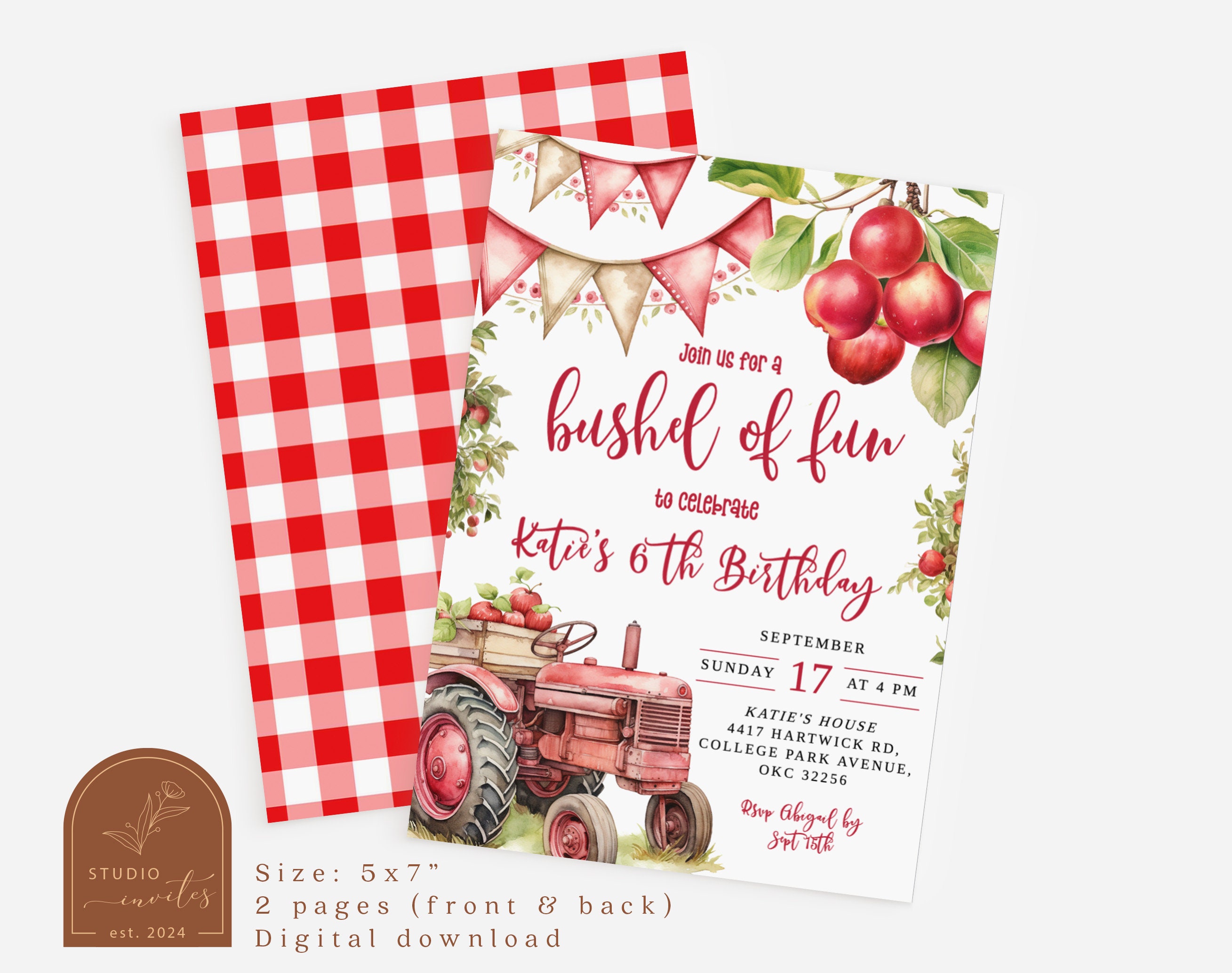 Bushel of Fun Birthday Invitation, Red Plaid Apple Kids Birthday ...