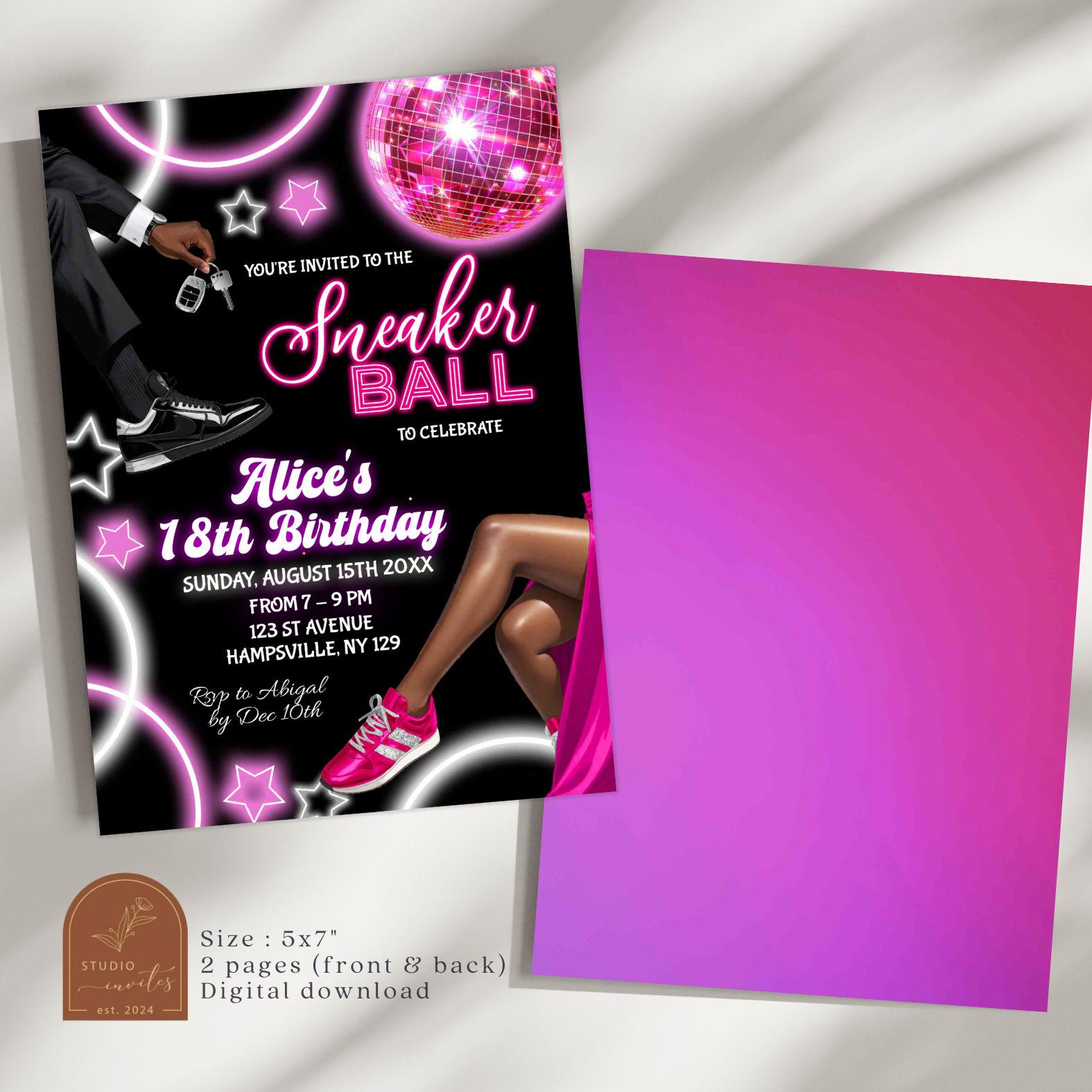 Neon Pink Sneaker Ball Teens Birthday Invitation, Retro Pink Disco Ball ...