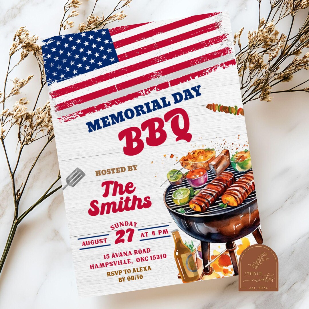 Editable Memorial Day BBQ Party Invitation, American Holiday Backyard ...