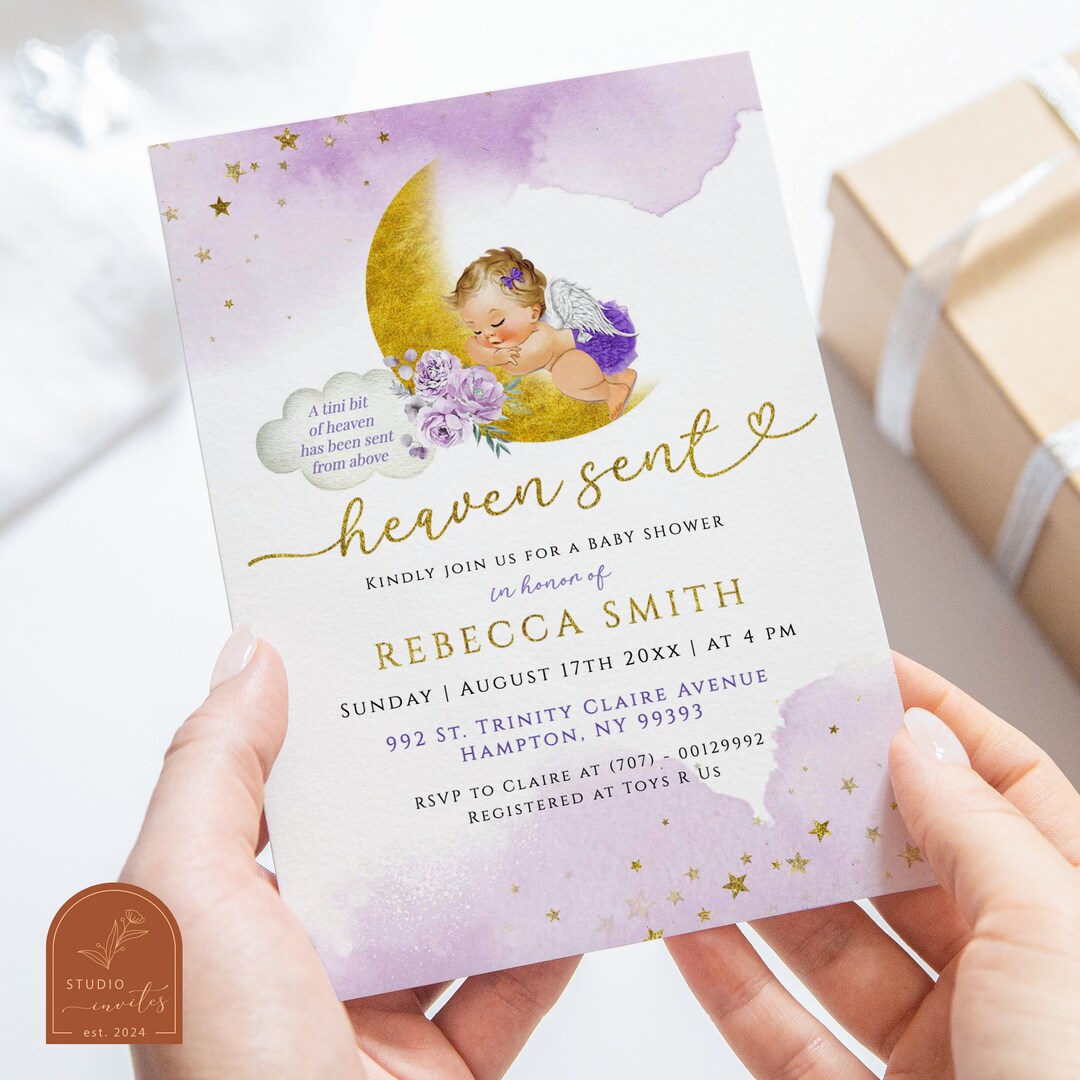 Heaven Sent Baby Shower Invitation, Moon Lilac Purple Blonde Girl Baby ...