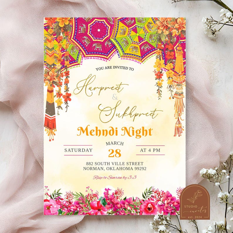 Floral Mehndi Night Ceremony Invitation, Hindu Pithi Ceremony, Indian ...