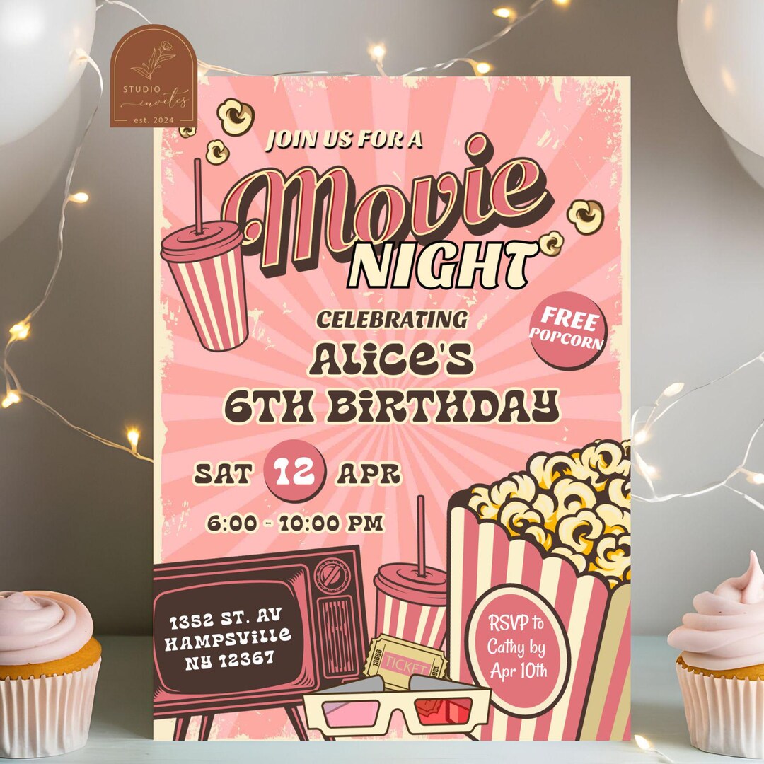 Pink Retro Movie Night Birthday Girl Invitation, Outdoor Movie Theatre ...