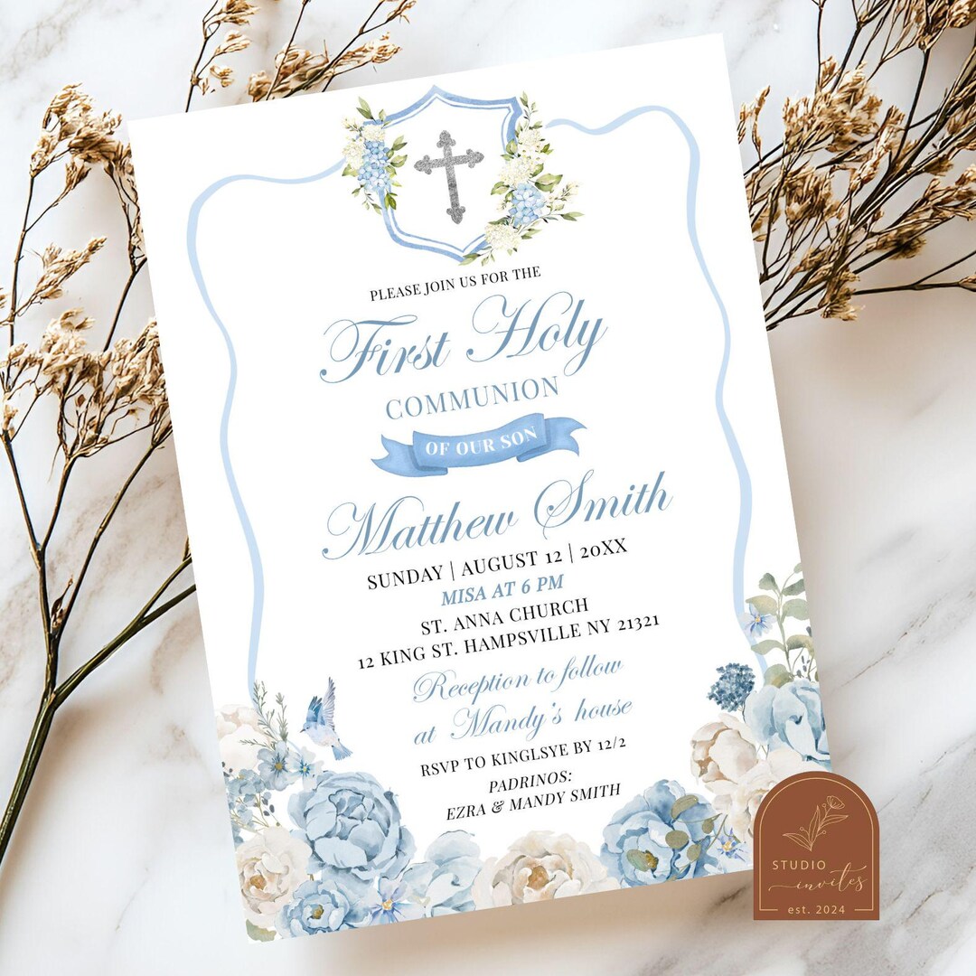 Dusty Blue Crest Southern Holy Communion Invite, Hydrangea Floral ...