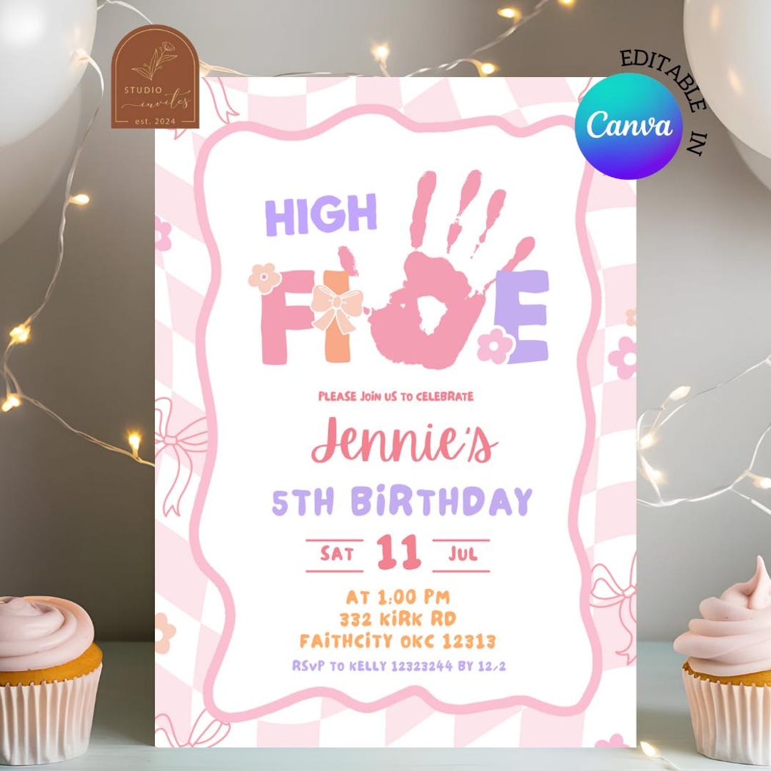Pink Bow Pastel Retro High Five Party Birthday Invitation, Wavy Plaid ...