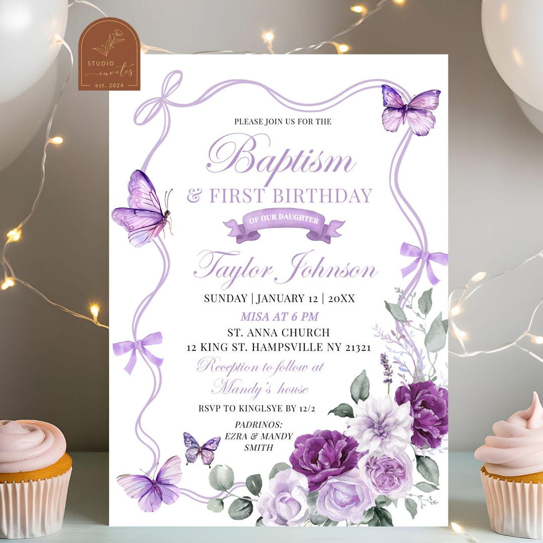 Lilac Purple Butterfly Baptism & First Birthday Invite, Purple Bow ...