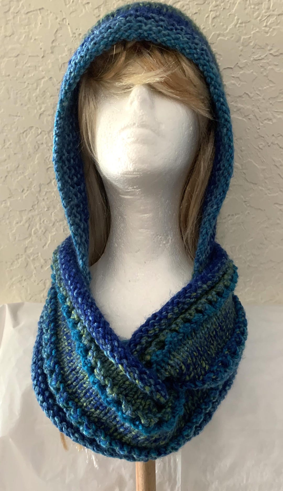 Hand Knit Hoodie With Cowl Shades of Green Blue Warm Acrylic Adult Teen ...