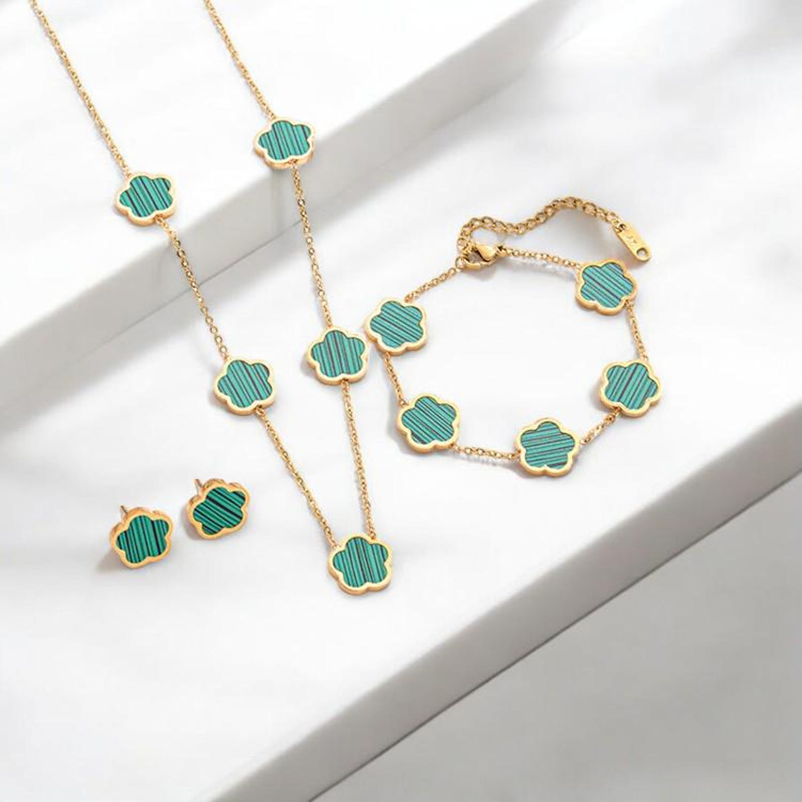 Gold Clover SET • Clover Necklace, Bracelet, Earrings • Non-tarnish ...