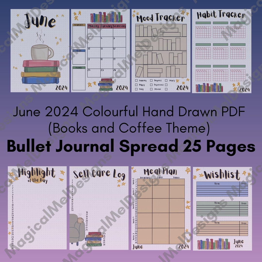 Pre-made Bullet Journal June 2024 Planner and Trackers, Colourful Hand ...
