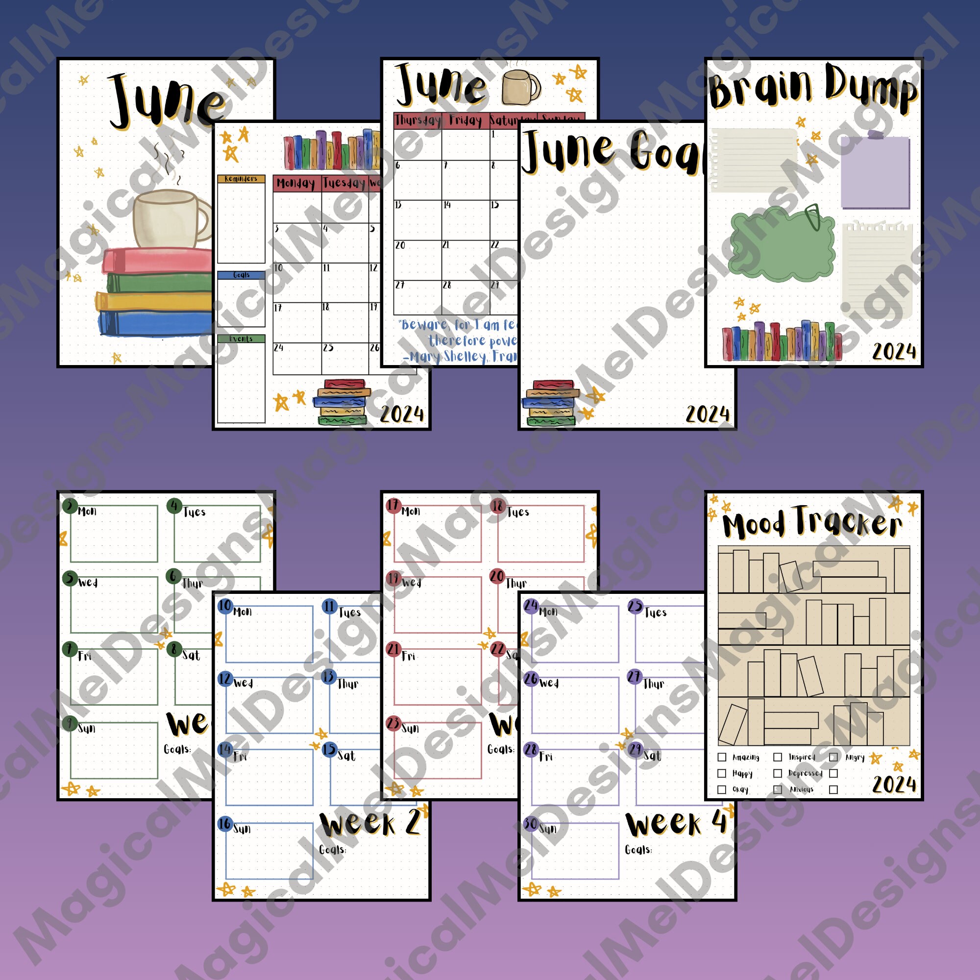 Pre-made Bullet Journal June 2024 Planner and Trackers, Colourful Hand ...