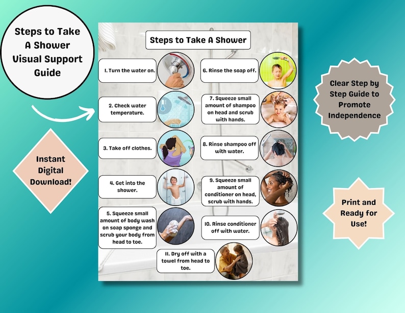 Take A Shower Step By Step Guide Visual Support Autism Independence Routine Schedule Special
