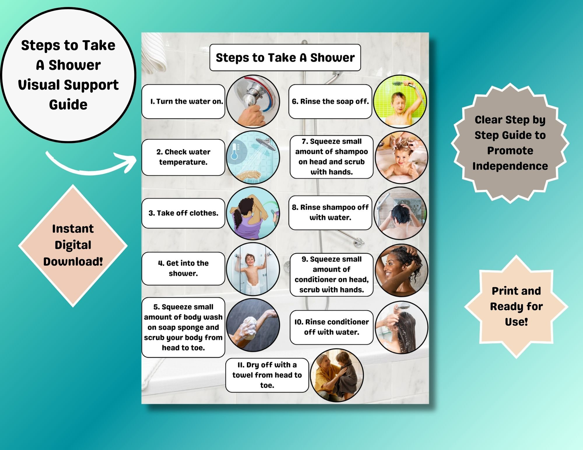 Take A Shower Step by Step Guide | Visual Support | Autism ...