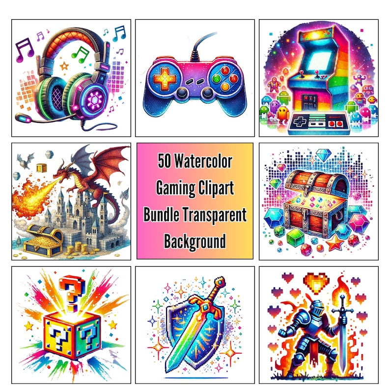 Watercolor Video Game Clipart Bundle, Arcade Game Clipart PNG, Gaming ...