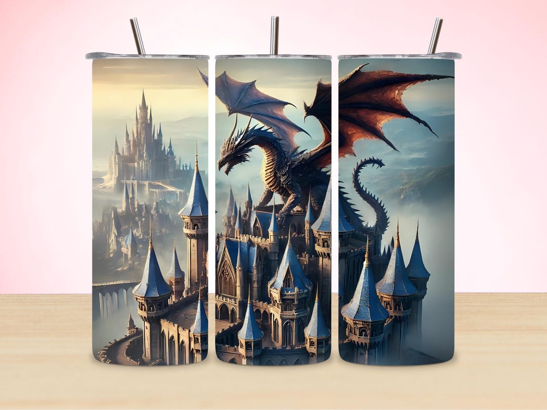 Black Dragon Tumbler Wrap, Medieval Castle Sublimation Design, Seamless ...