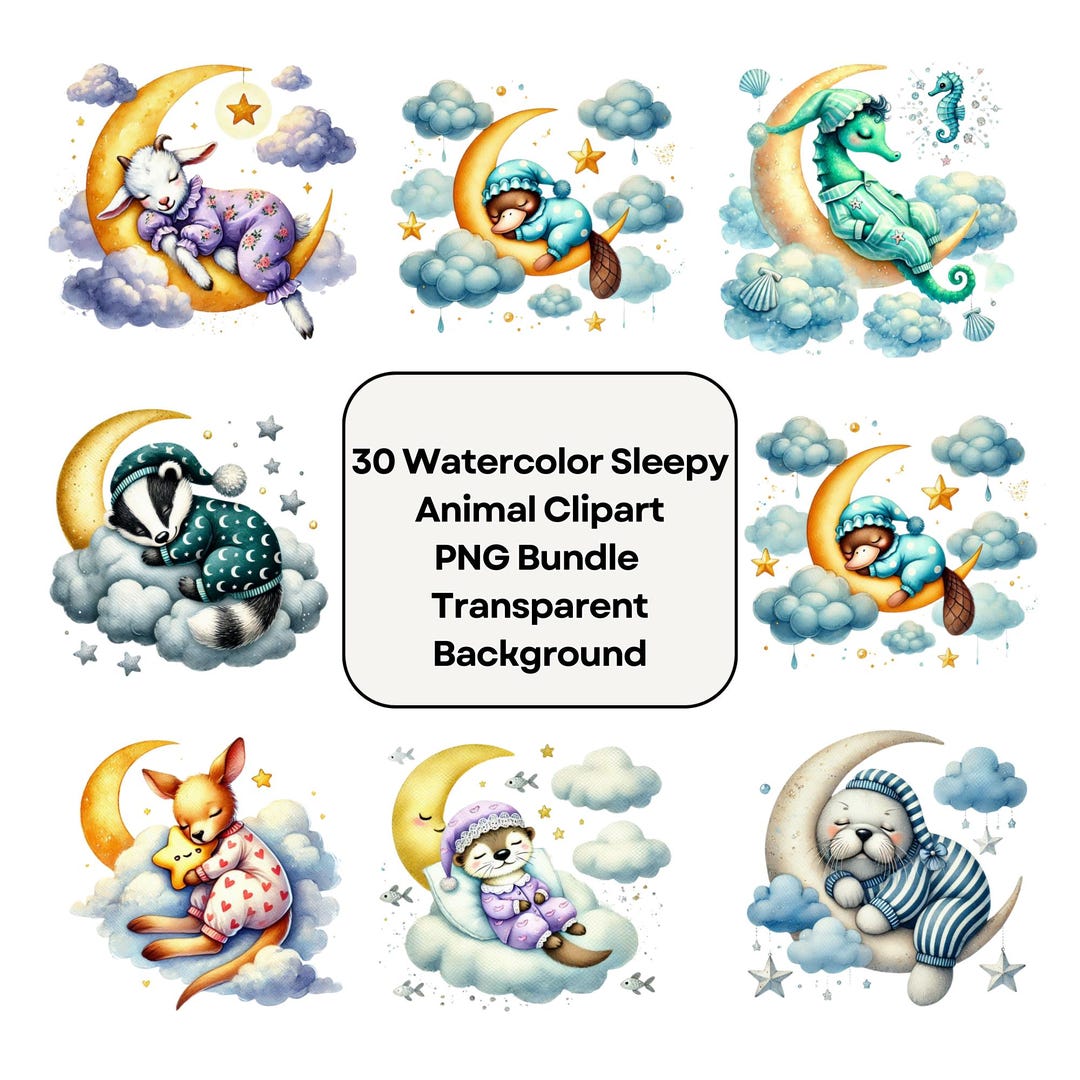 Sleepy Animal Clipart Bundle: Dreamy Pet PNG Images (digital Download ...