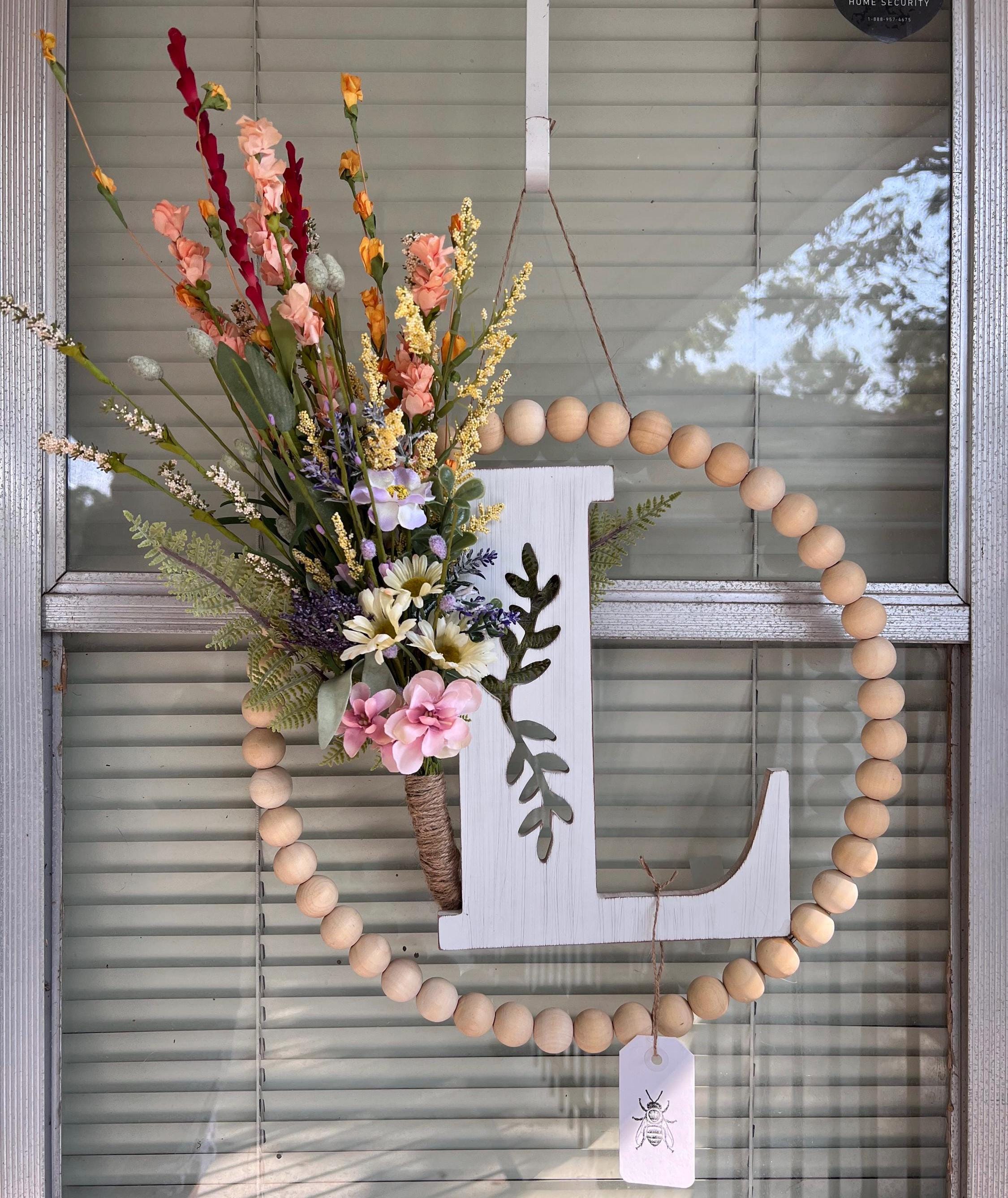 Customizable Letter & Bouquet Wood Bead Sign Custom Flower Monogram ...