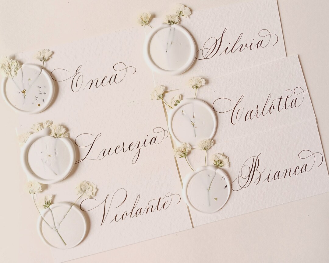 Wedding Placecards With Wax Seal and Real Dried Flowers, Calligraphy ...