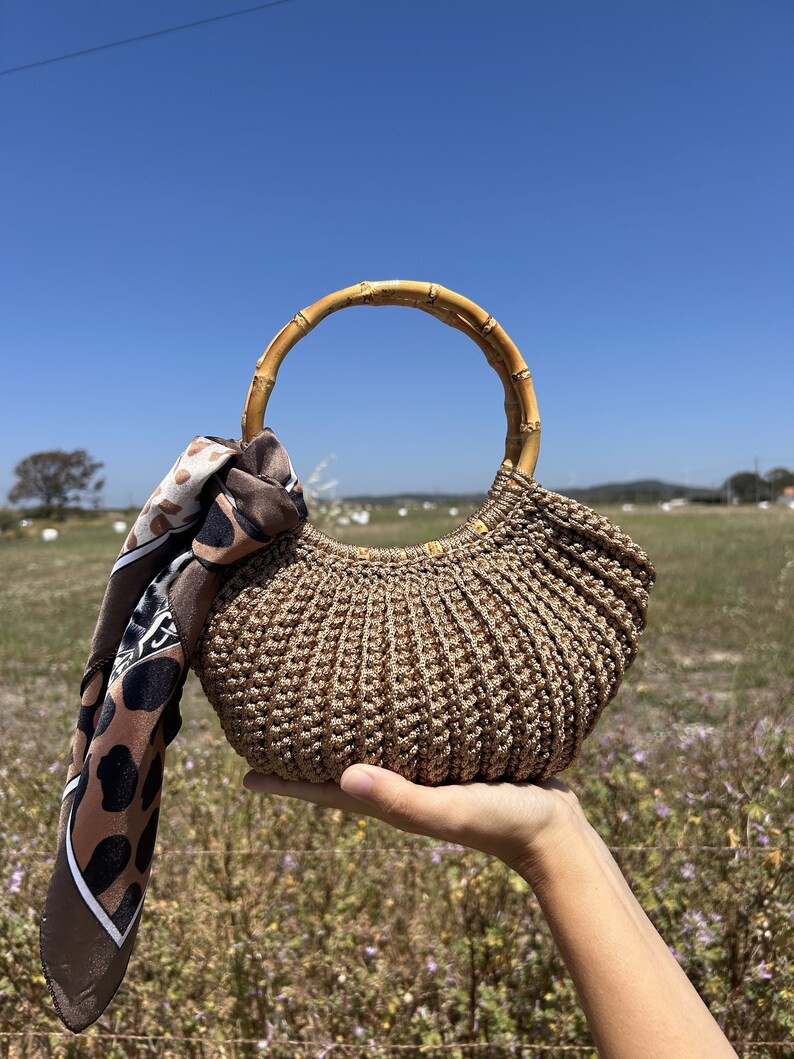 Handmade Brown Crochet Top-handle Bag With Bamboo Handle Boho Bag ...