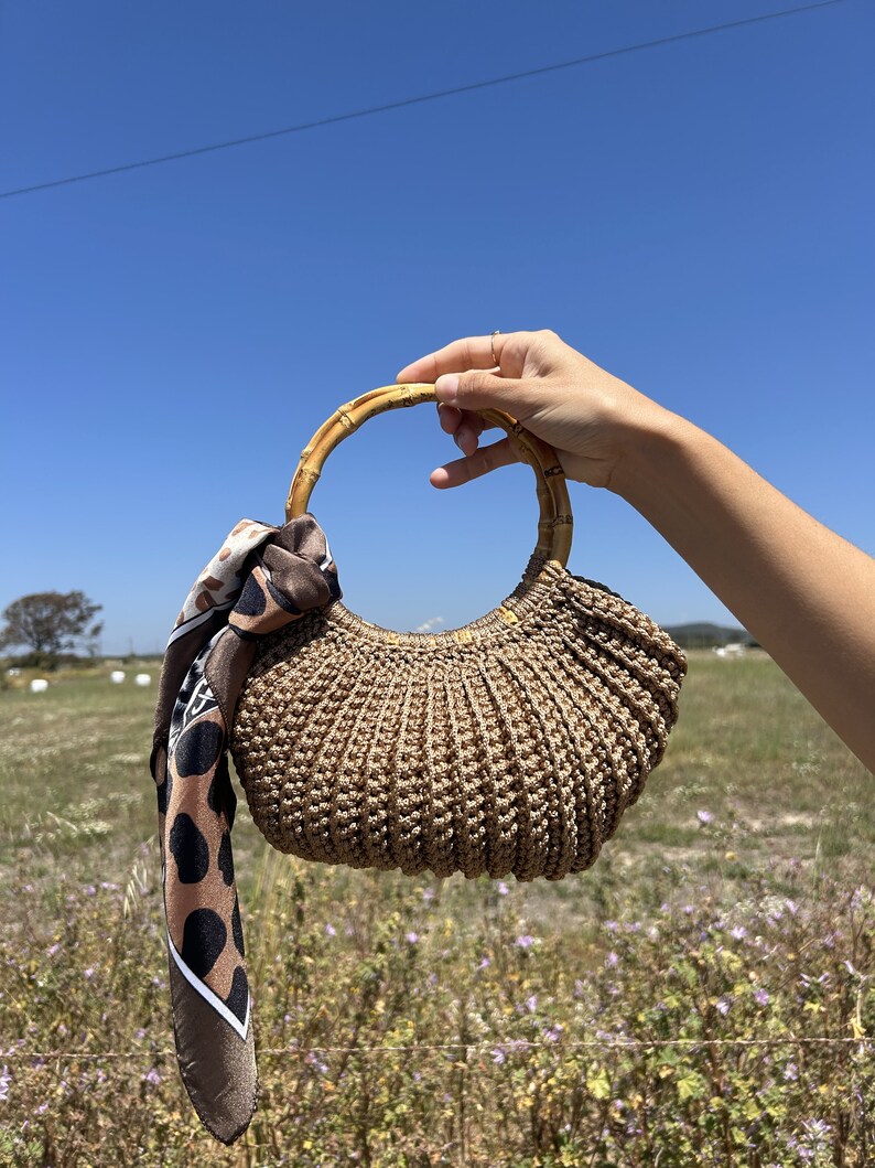 Handmade Brown Crochet Top-handle Bag With Bamboo Handle Boho Bag ...