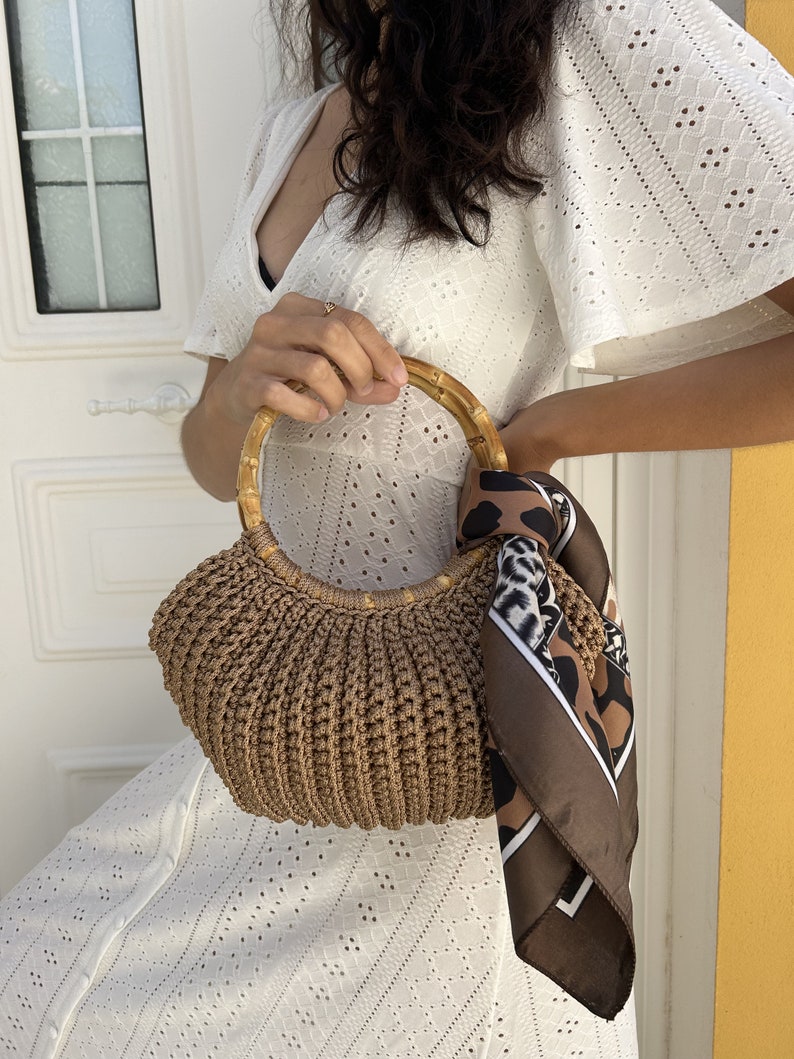 Handmade Brown Crochet Top-handle Bag With Bamboo Handle Boho Bag ...