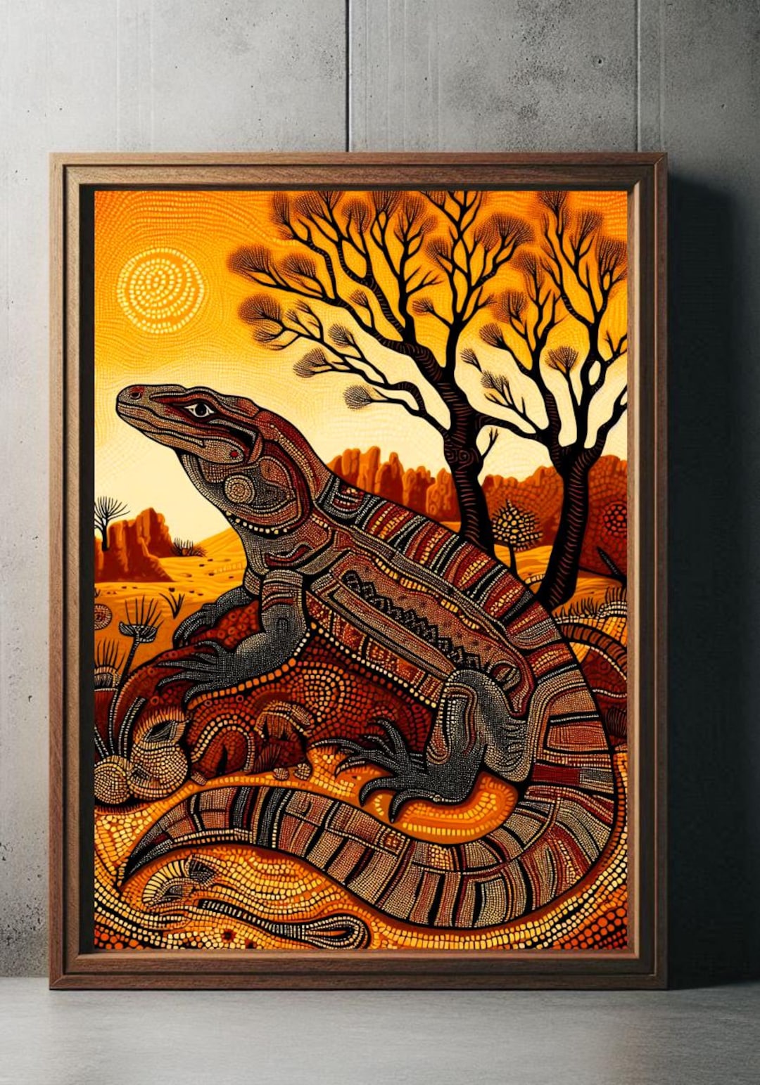 Goanna Sun Aboriginal Dot Art for Canvas, Wall Poster or Framed Picture ...