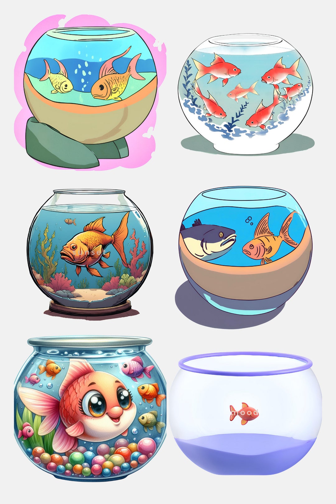 Fishbowl Prints, Digital Download, Printable Watercolor Clipart, Gold ...