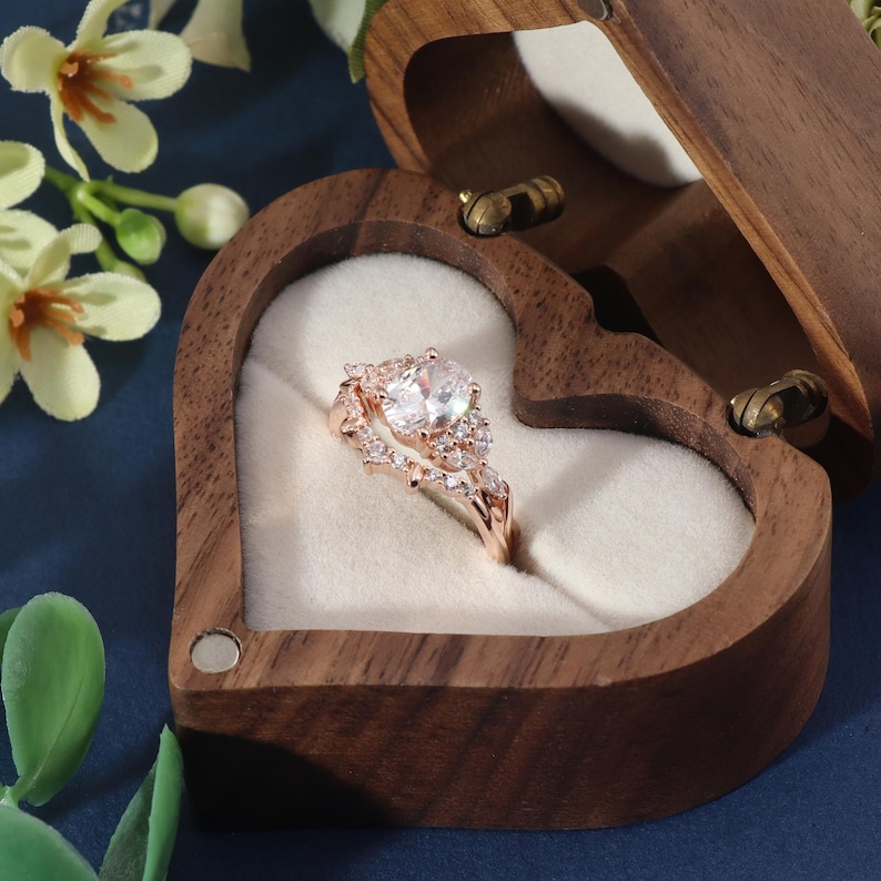Unique Engagement Ring Set, 14K Oval Cut Moissanite Ring, Art Deco ...