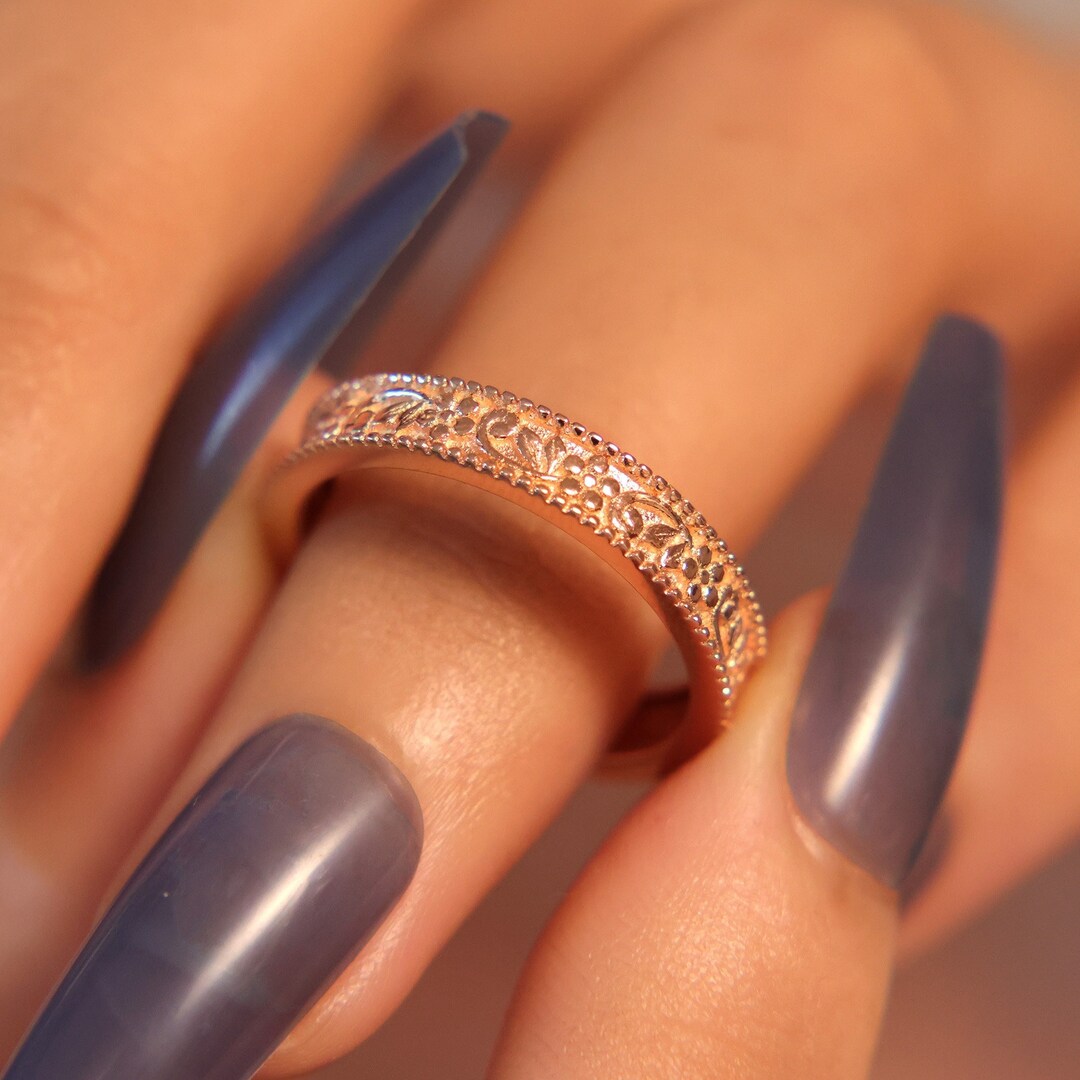 Floral Engraved Wedding Band, Unique Stacking Ring Band, Solid Thick ...