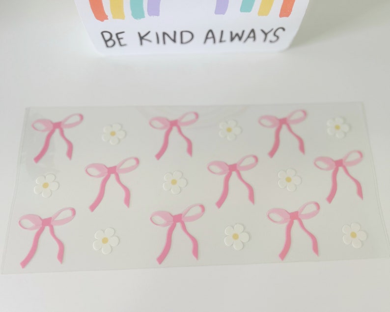 Pink Bow Floral UV DTF Cup Wrap 16oz, Daisy Bow Girly Cup Decal Sticker ...