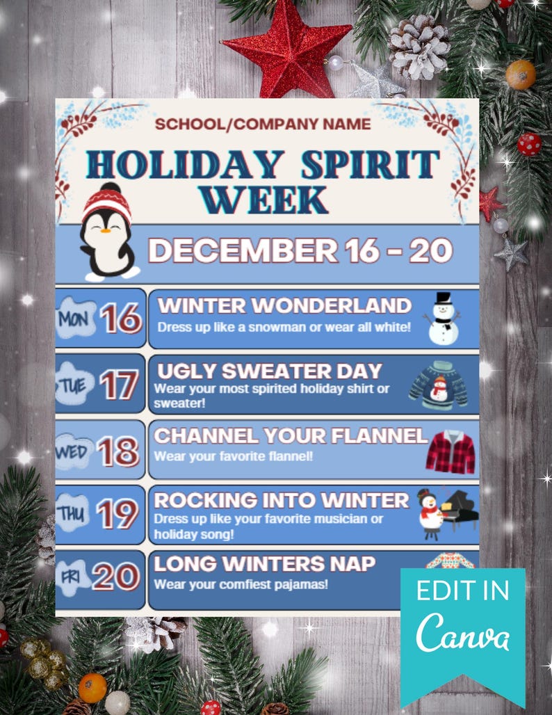 Holiday Spirit Week Schedule - School or Company - Editable in Canva - Etsy