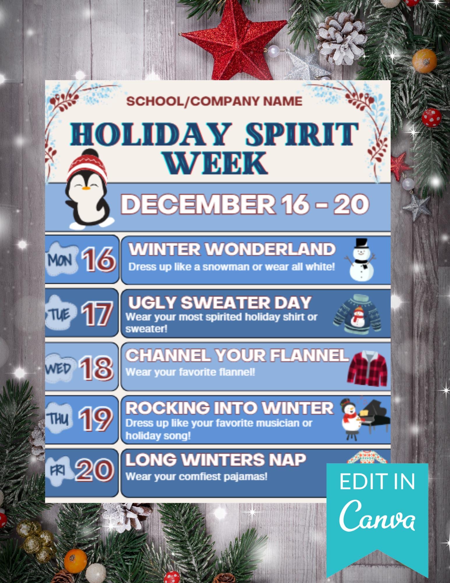 Holiday Spirit Week Schedule - School or Company - Editable in Canva - Etsy