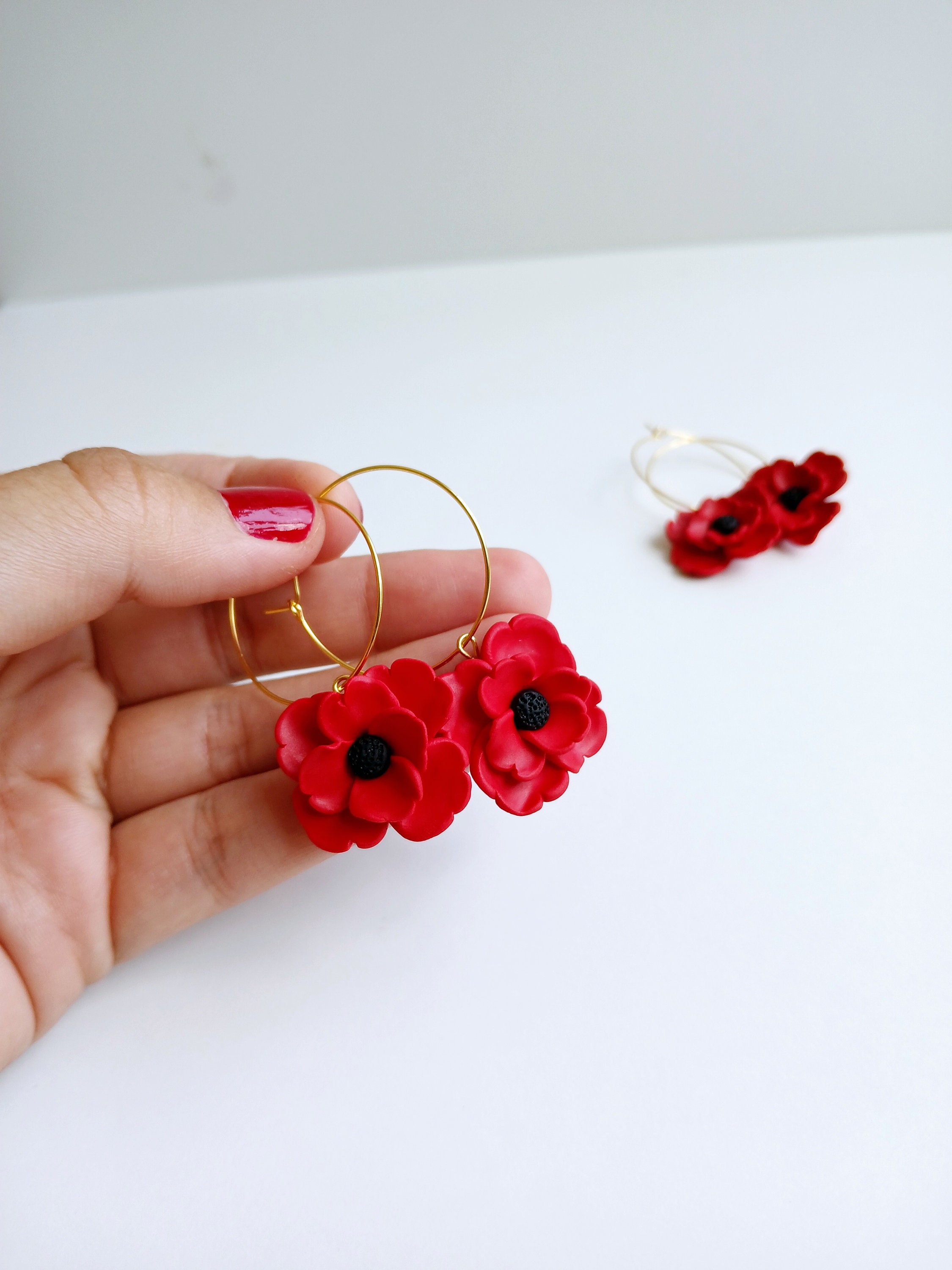 Poppy Earrings, Summer Earrings, Red Flower Dangle Earrings, Festival ...