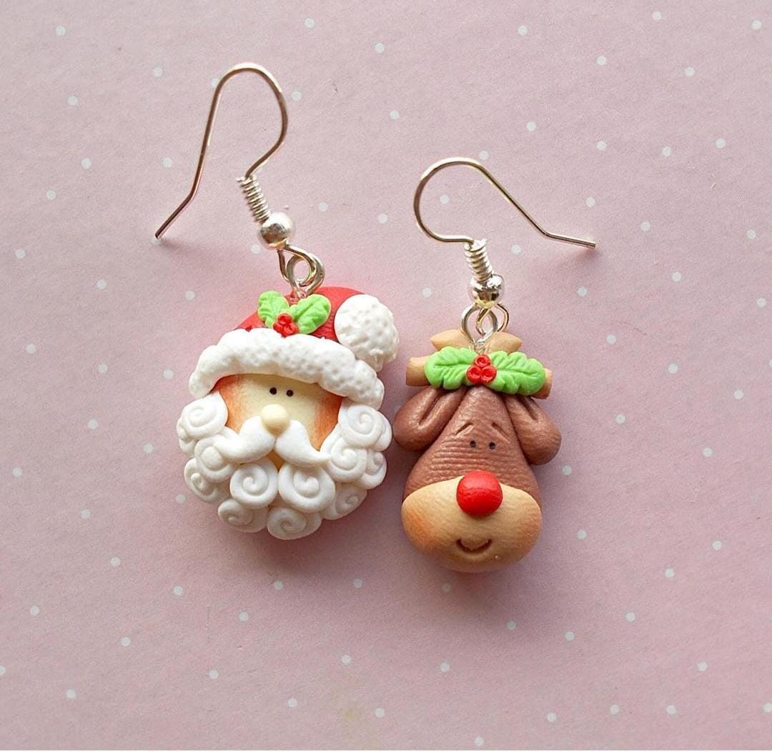 Christmas Santa and Rudolph Earrings, Mismatch Dangle Christmas Gift ...