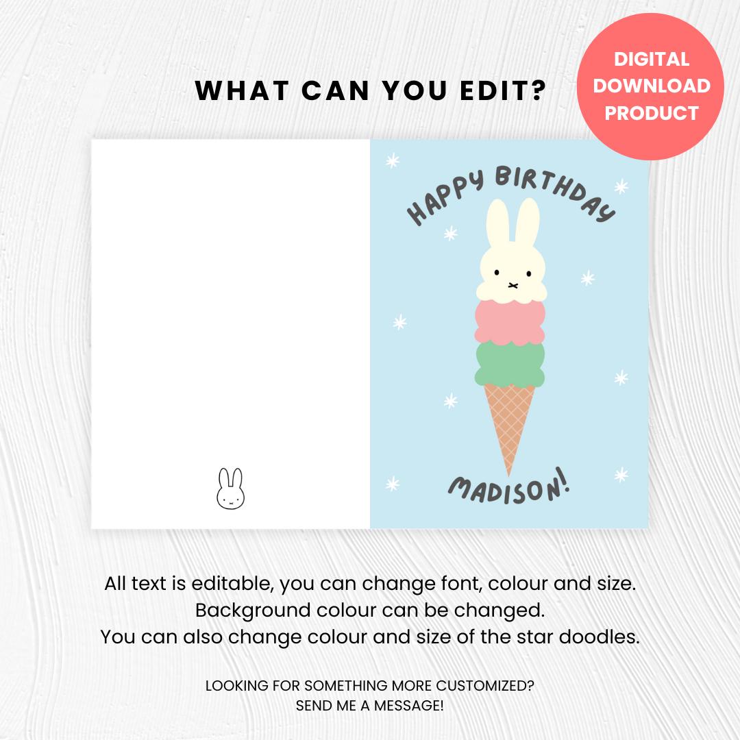 Miffy Ice Cream Cone Birthday Card: Customizable 5x7 Printable (digital ...