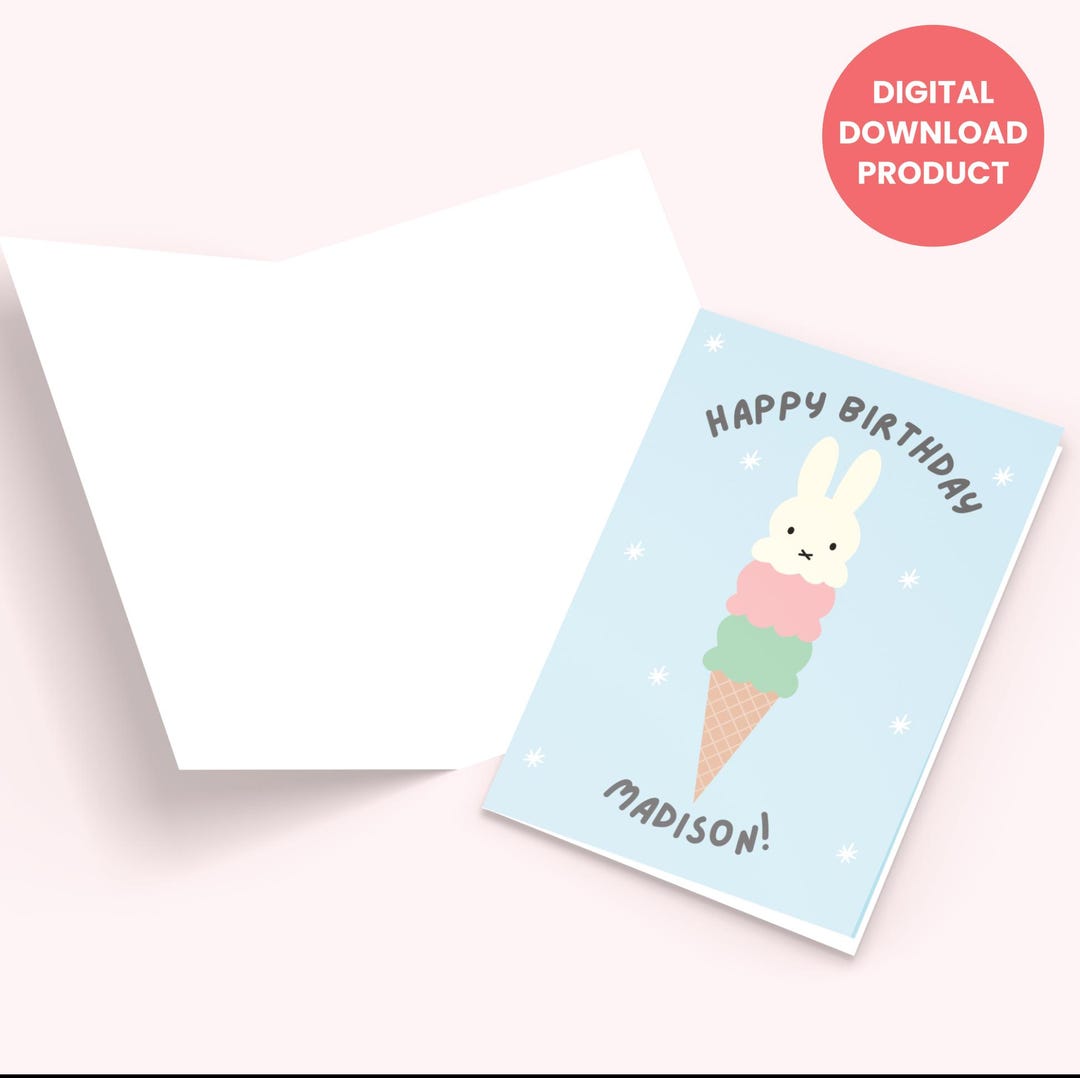 Miffy Ice Cream Cone Birthday Card: Customizable 5x7 Printable (digital ...