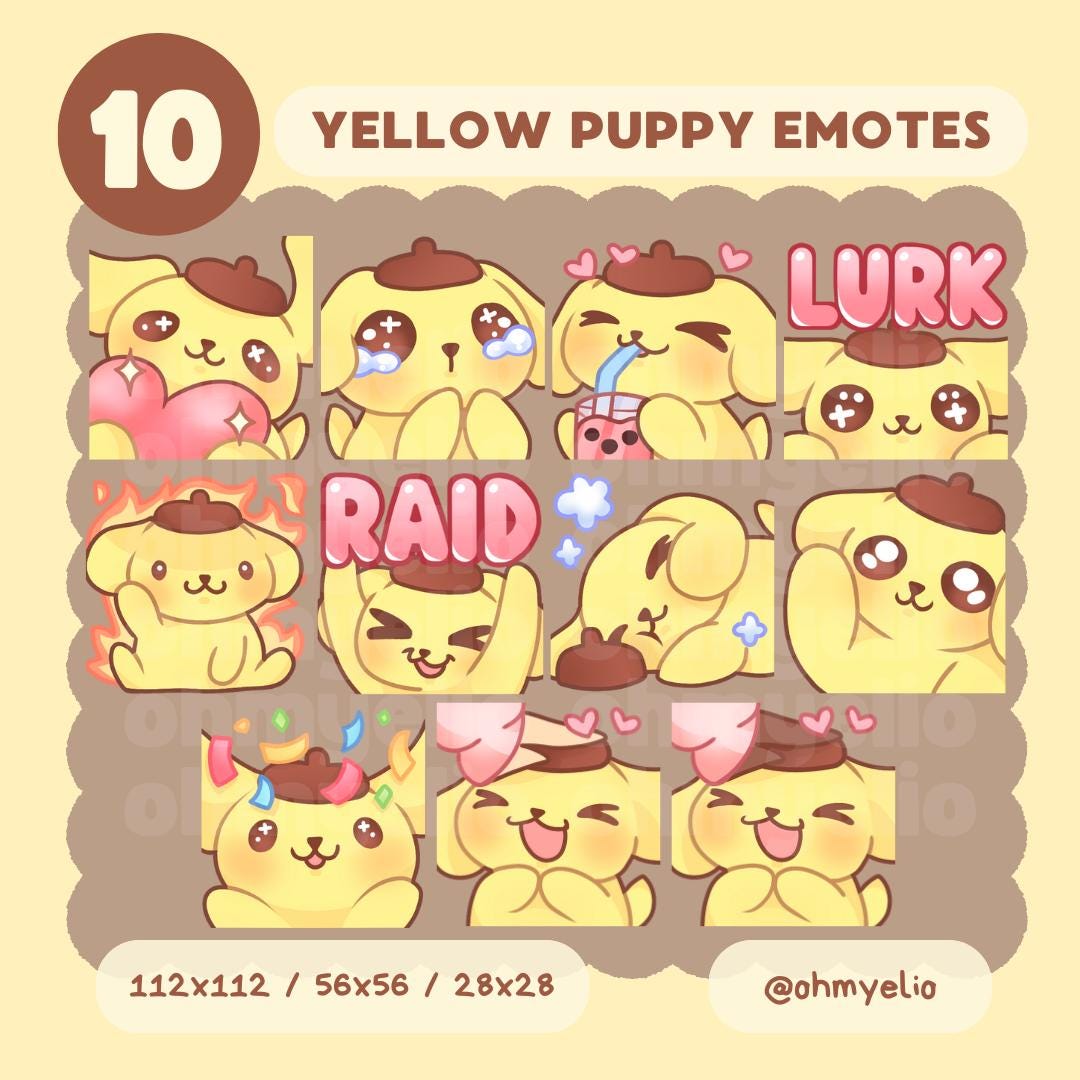 Yellow Puppy Pom Pudding Emotes 10 for Twitch, Discord, Youtube Cute ...