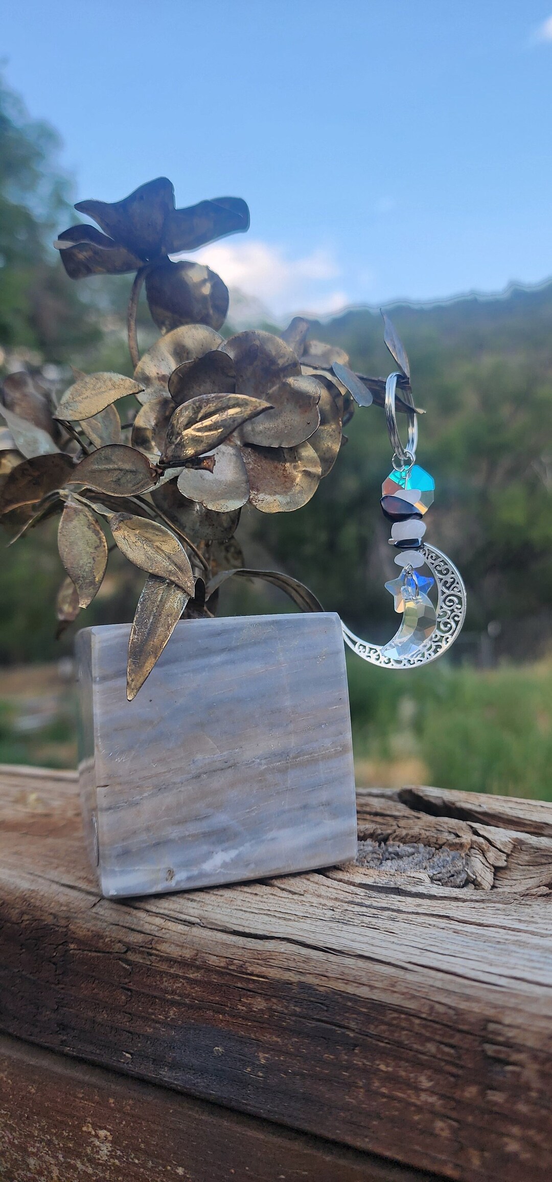 Rose Quartz & Obsidian Silver Moon Key Chain/suncatcher Faceted Moon ...