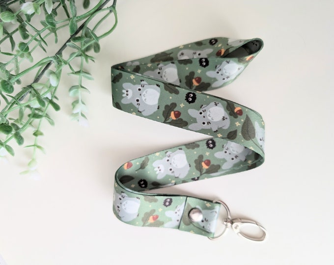 1 Inch Wide Kawaii Gray Bunny Lanyard With Forest Elements - Etsy