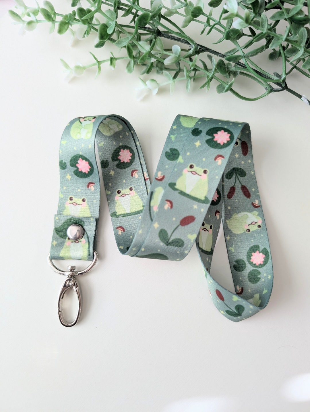 1 Inch Wide Cute Green Frog Lanyard With Lily Pads and Leaves - Etsy