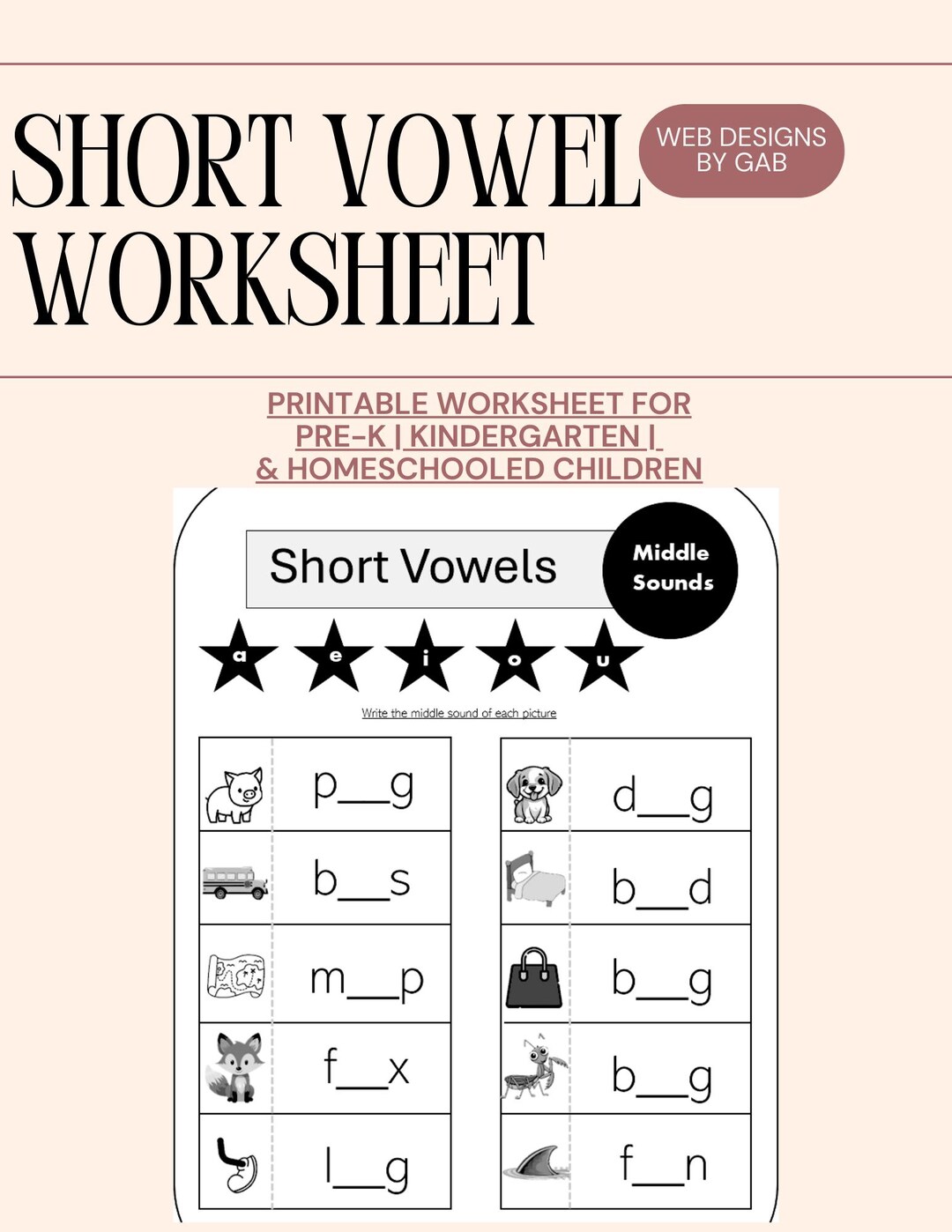 Short Vowel Printable Worksheets for Kids | Vowel Family Practice for ...