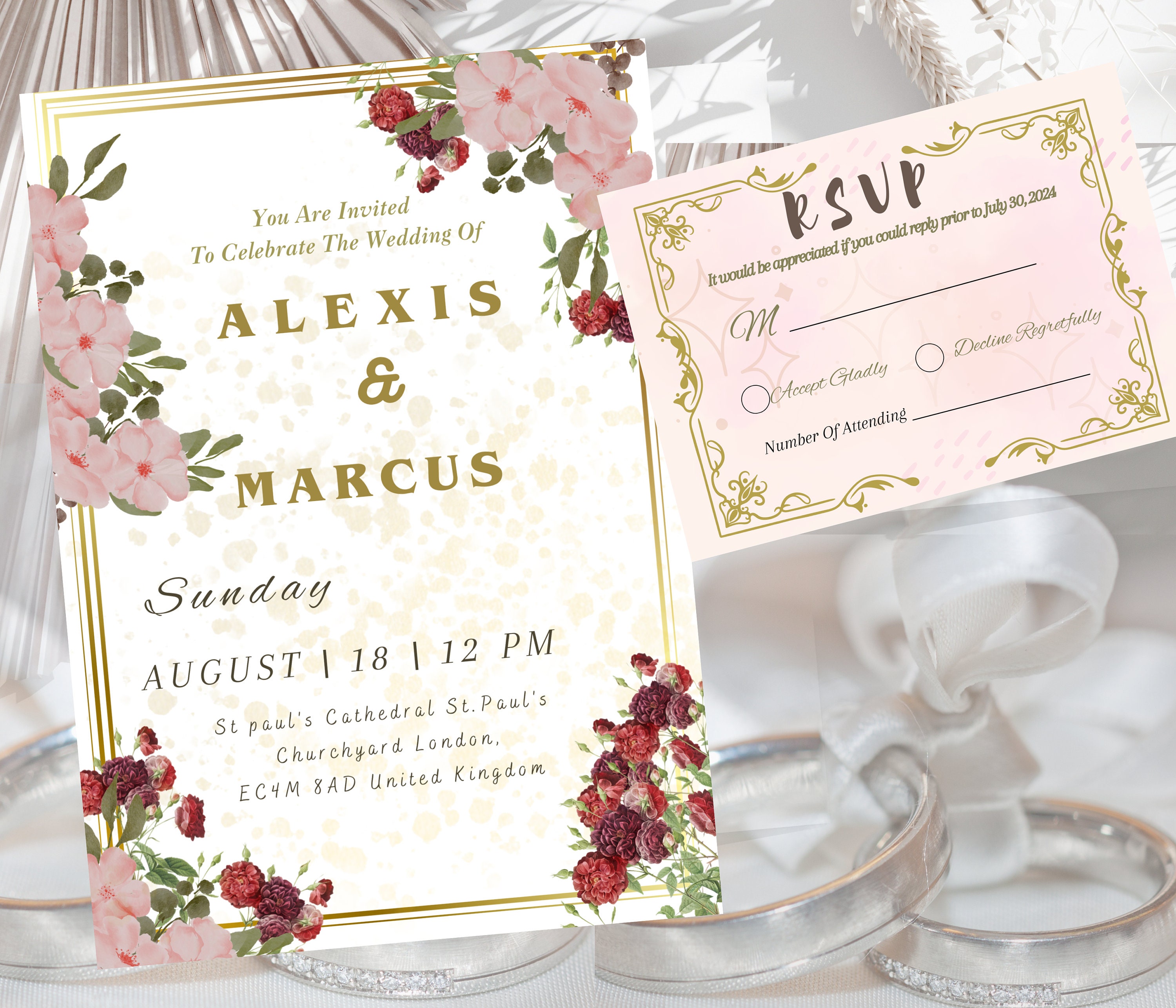 Custom Danish Floral Wedding Invitation Editable Wedding Invitation ...
