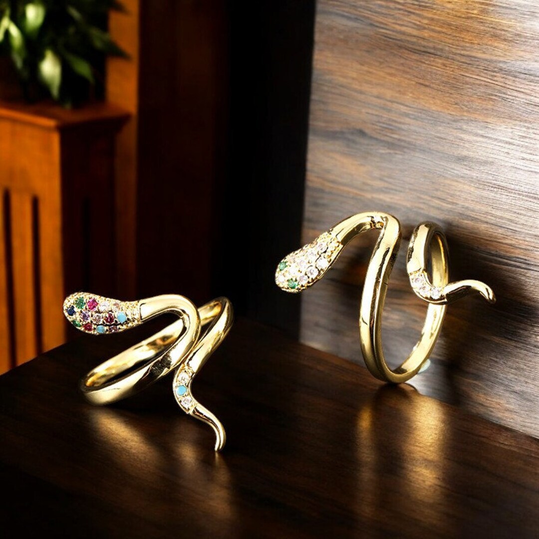Elegant Snake Ring Design, Gemstone Encrusted Adjustable Ring, Unique ...