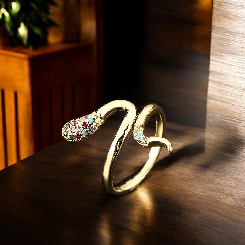 Elegant Snake Ring Design, Gemstone Encrusted Adjustable Ring, Unique ...